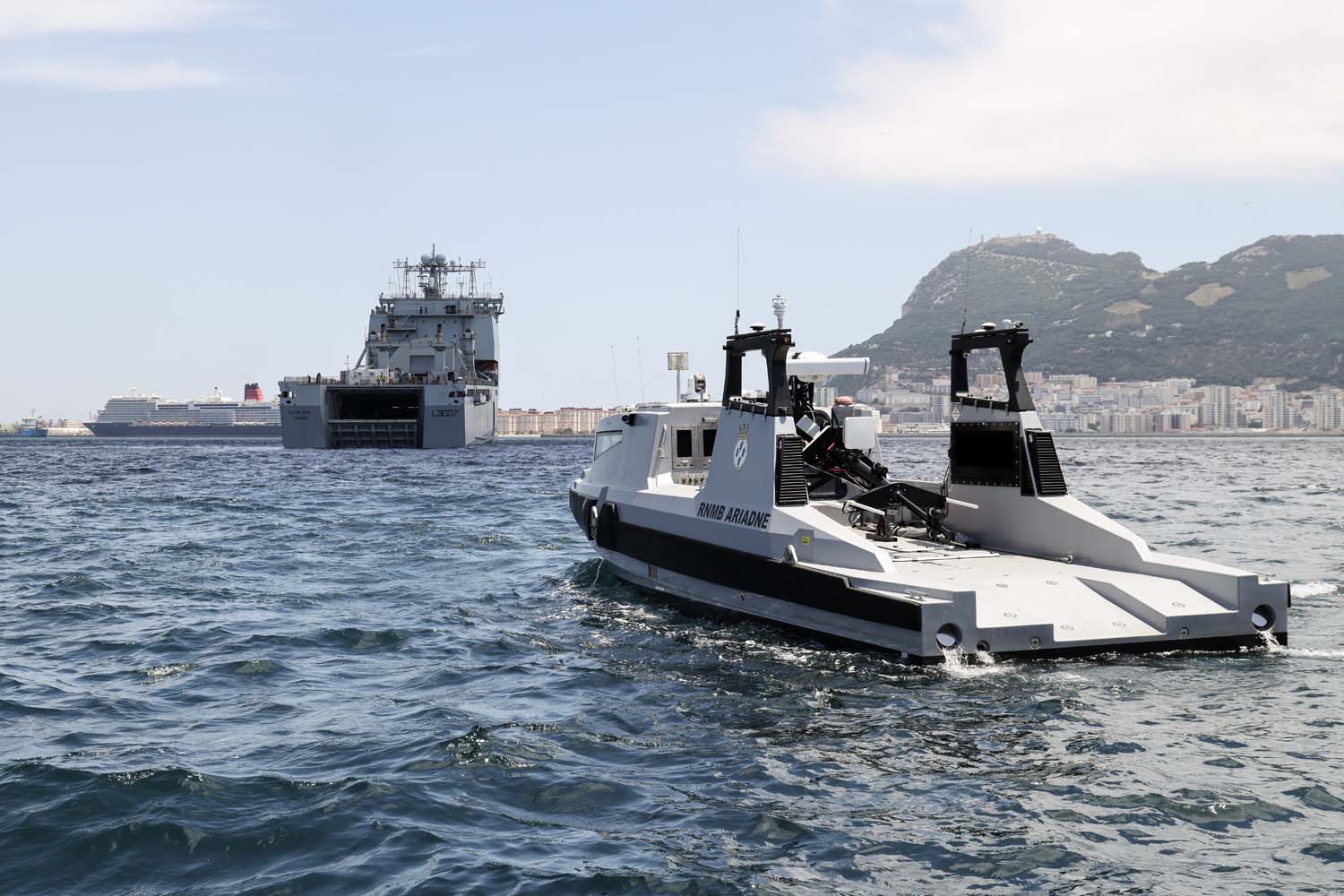 Royal Navy crewless mine-hunting system docks in support ship for the ...